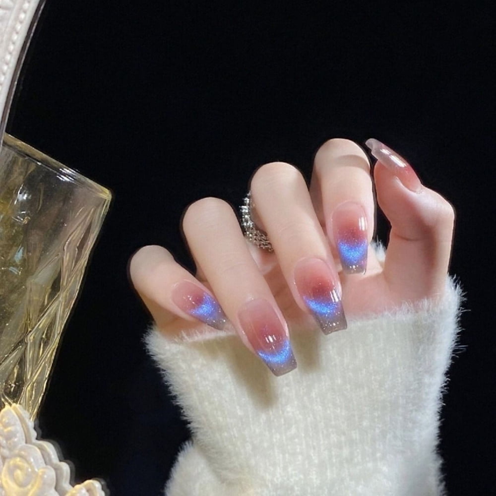 Long Square Glitter Fake Nails Fairy Gradient Color Plastic Long Coffin ...