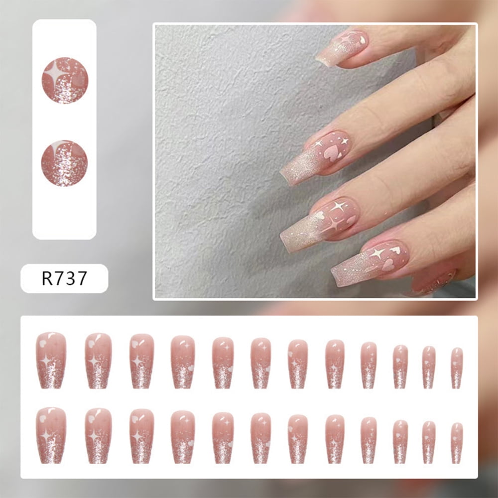 Long Square Glitter Fake Nails Wearable Sweet Pink Easy to Stick on ...