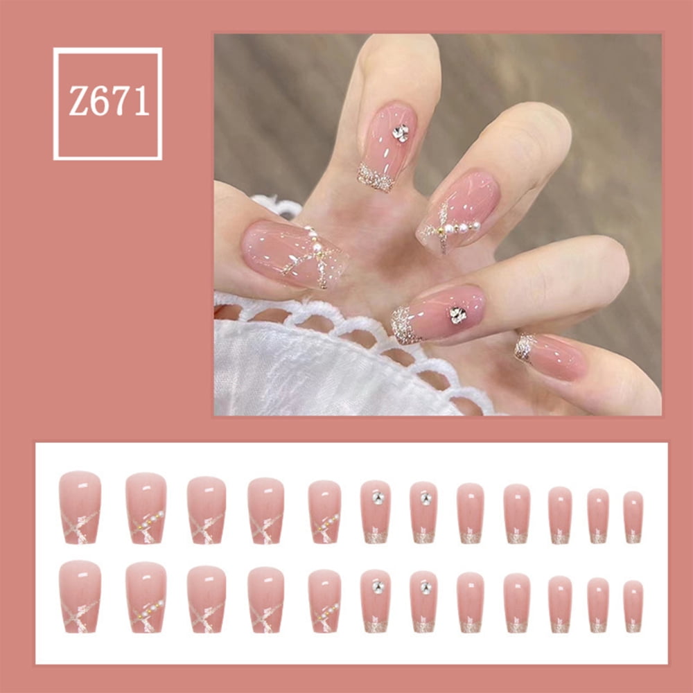 Long Square Press-on Nails Shiny Rhinestone Decor and Glitter Pearl ...