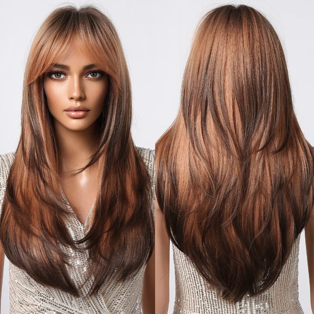 Long Straight Wigs for Women Layered Wig With Air Bangs Hair ...