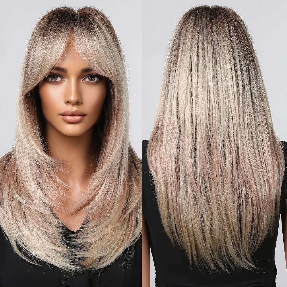 Long Straight Wigs for Women Long Layered Straight Wigs with Air Bangs ...