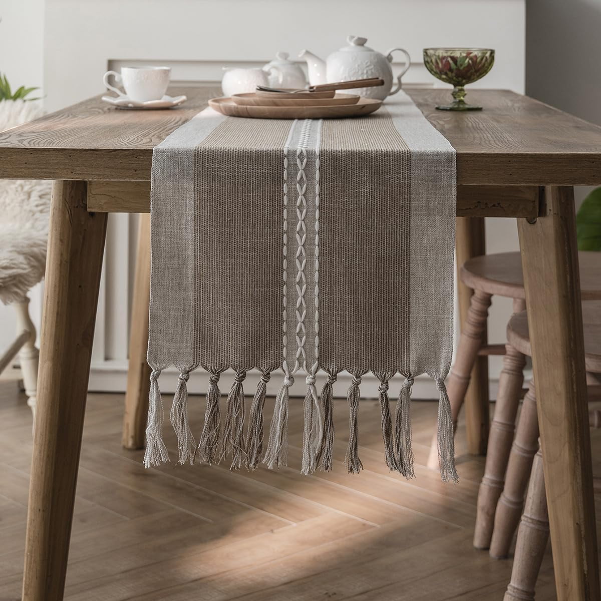 Long Table Runner with Tassels Rustic Stripe Table Runners for Party ...
