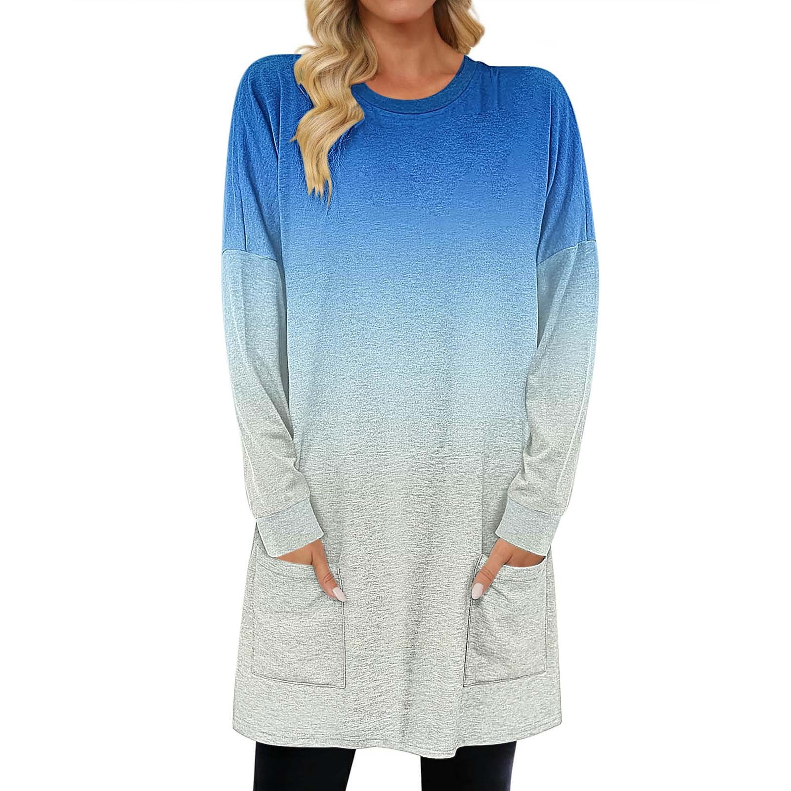 Long Tops for Women with Pockets Lightweight Sweatshirts Loose Crewneck ...