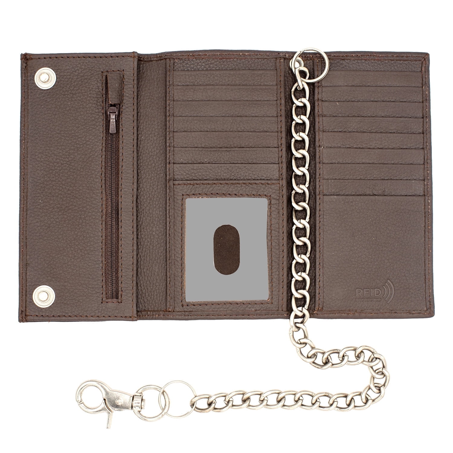 RFID Safe Dark Brown Leather Long Checkbook Trifold Chain Wallet for ...