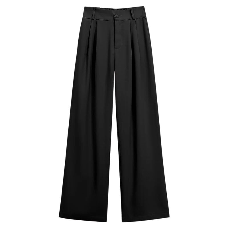 Long Trousers Women Overlap Turn-up High Waist Button Down Straight ...