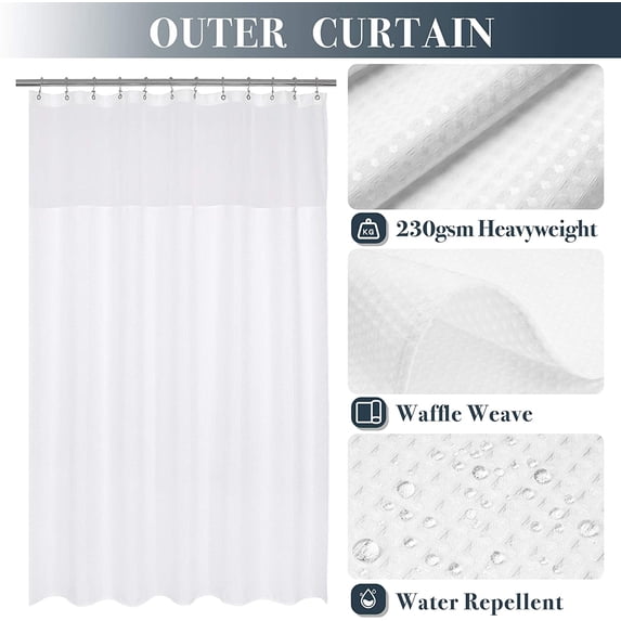 Long Waffle Weave Shower Curtain With Snap-In Fabric Liner And 12 Hooks ...