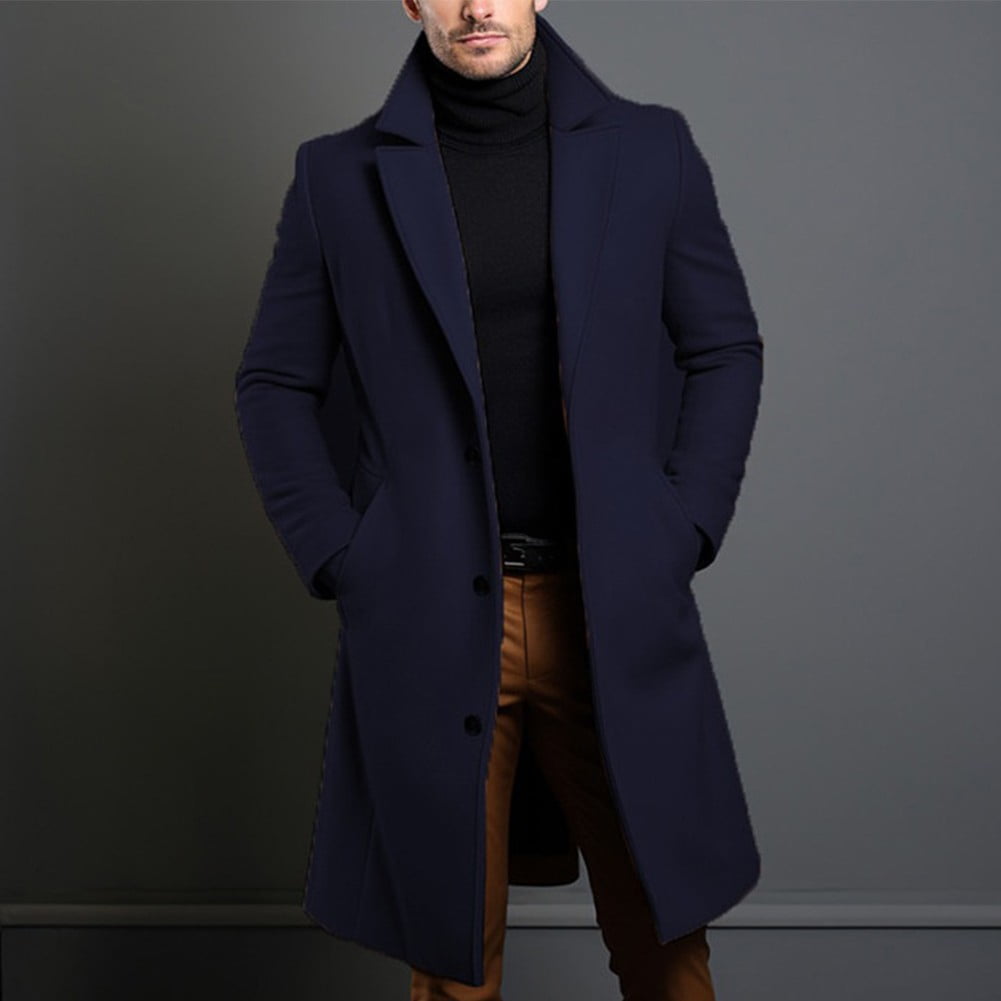 Long Warm Black Trench Coat Men Single Breasted Luxury Wool Blends ...