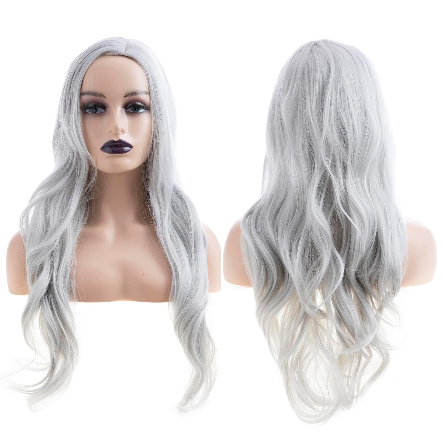 Long Wavy Silver Grey Wigs for Women Side Part Natural Looking Cosplay Synthetic Fiber Wig Heat ...