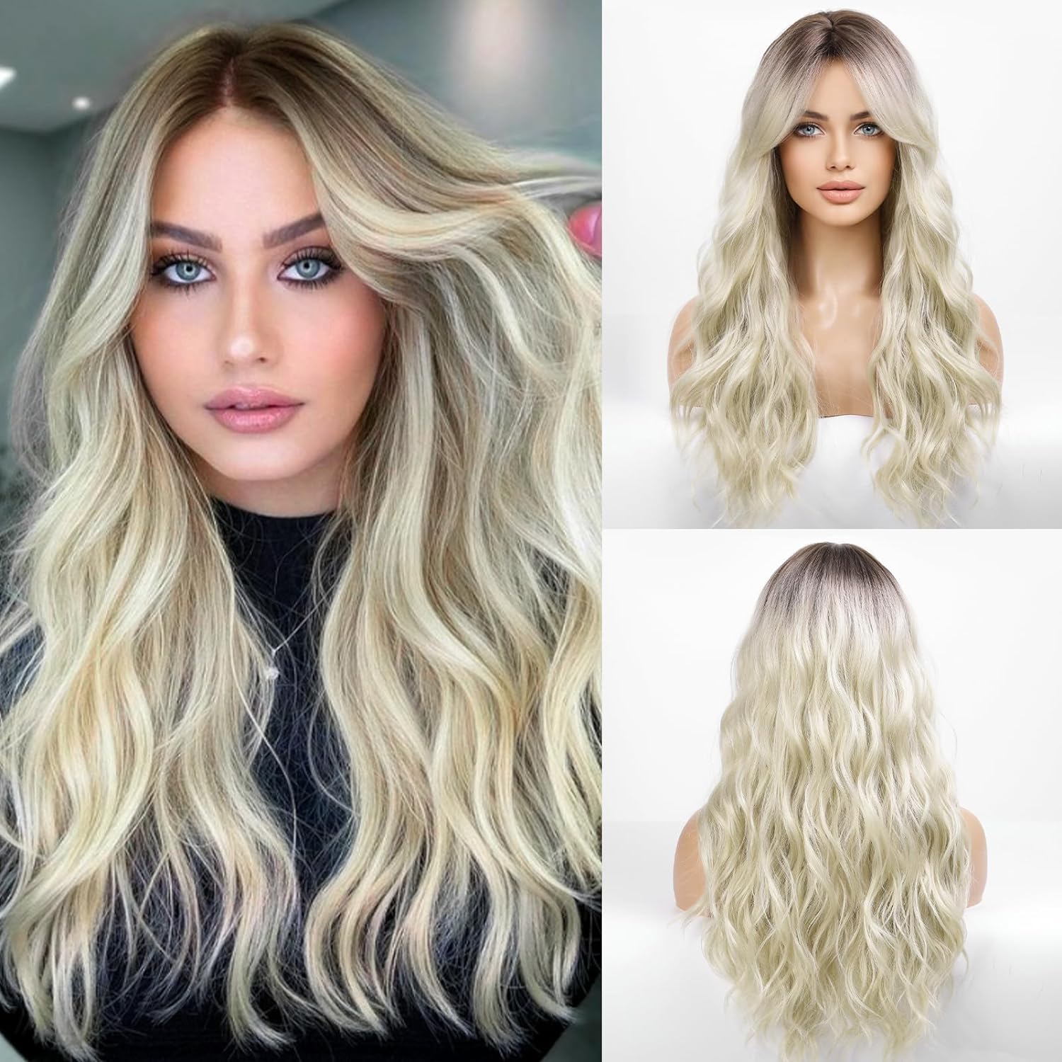 Long Wavy Wigs for Women,Synthetic Hair Wig for Daily Cool Blonde ...