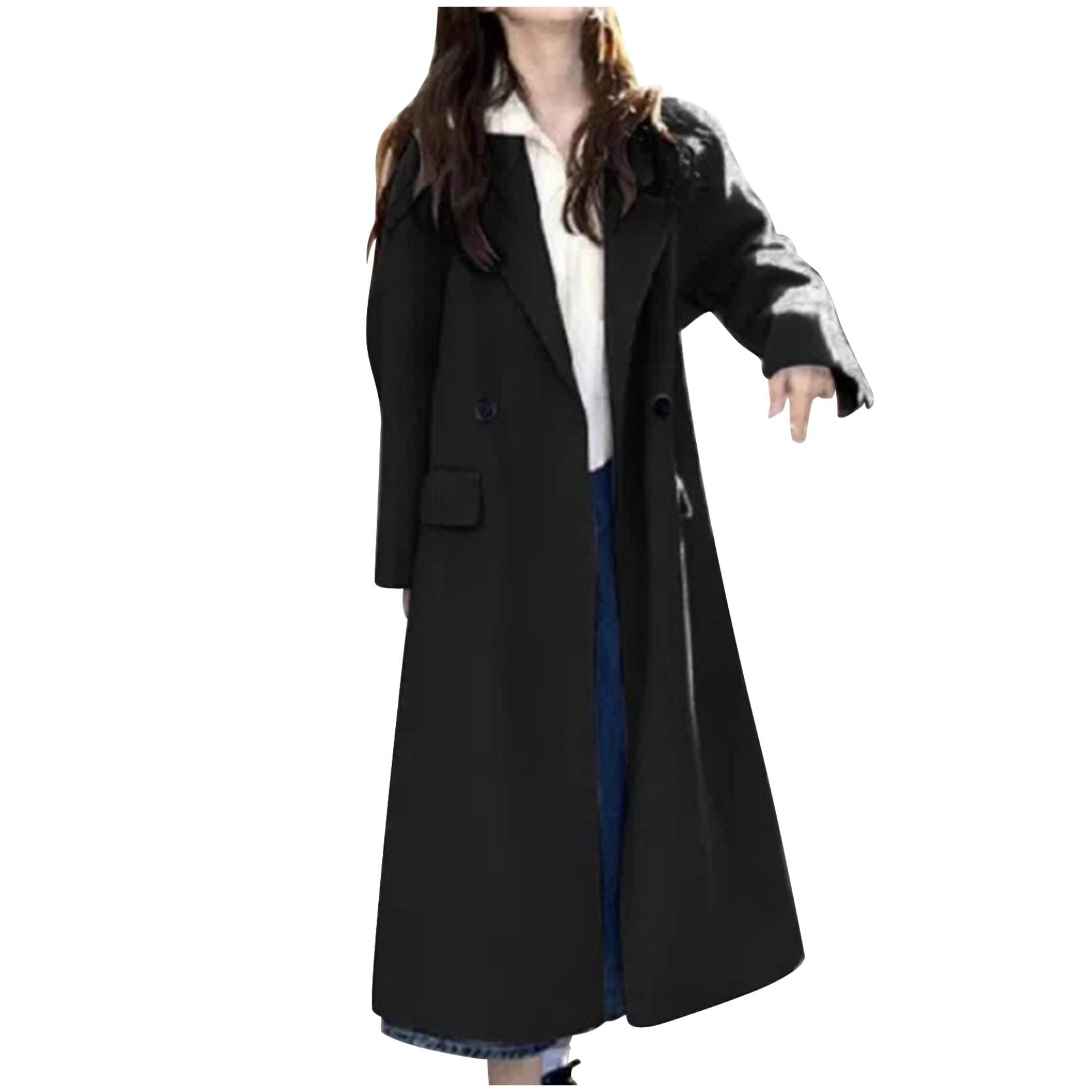 Long Wool Blend Trench Coat for Women Dressy Casual Notch Lapel Mid ...