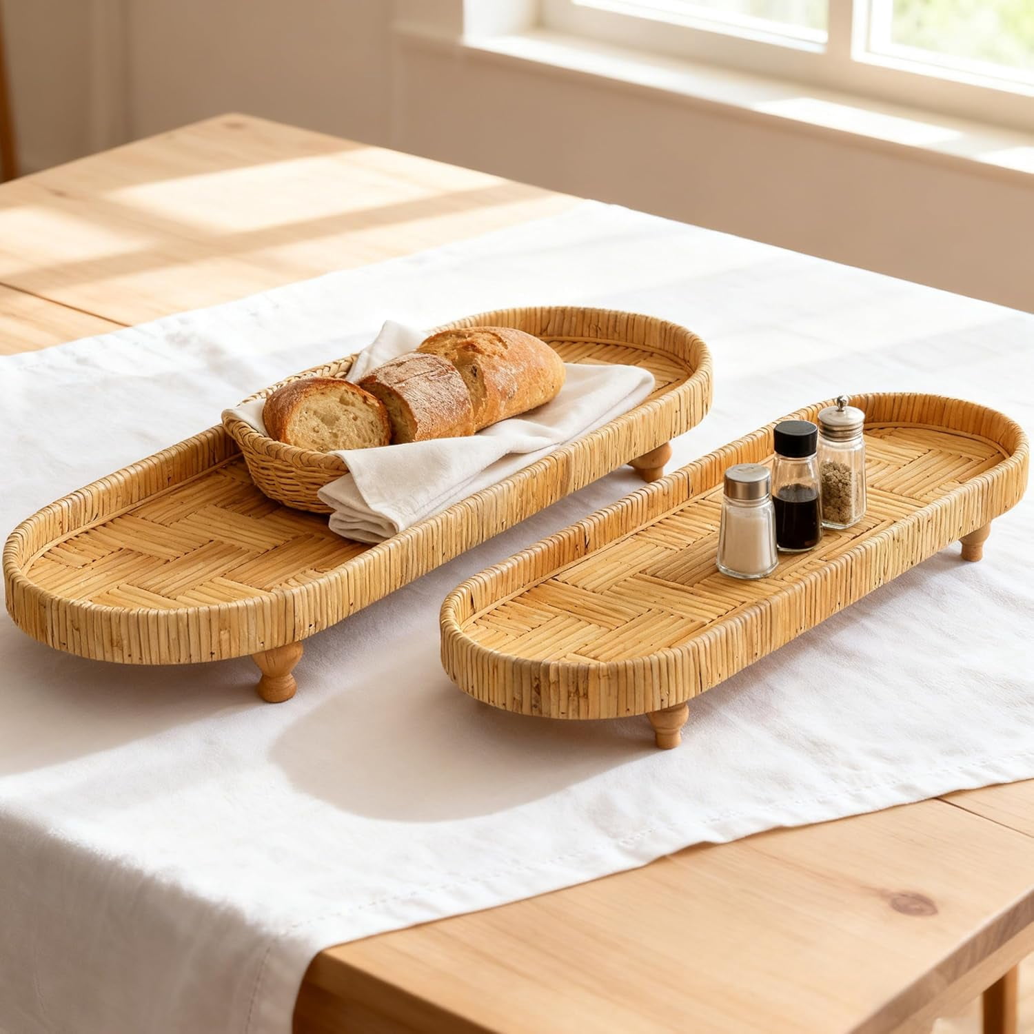 Long Woven Tray Set of 2 with Footed Legs, Decorative Oval Trays, Large ...