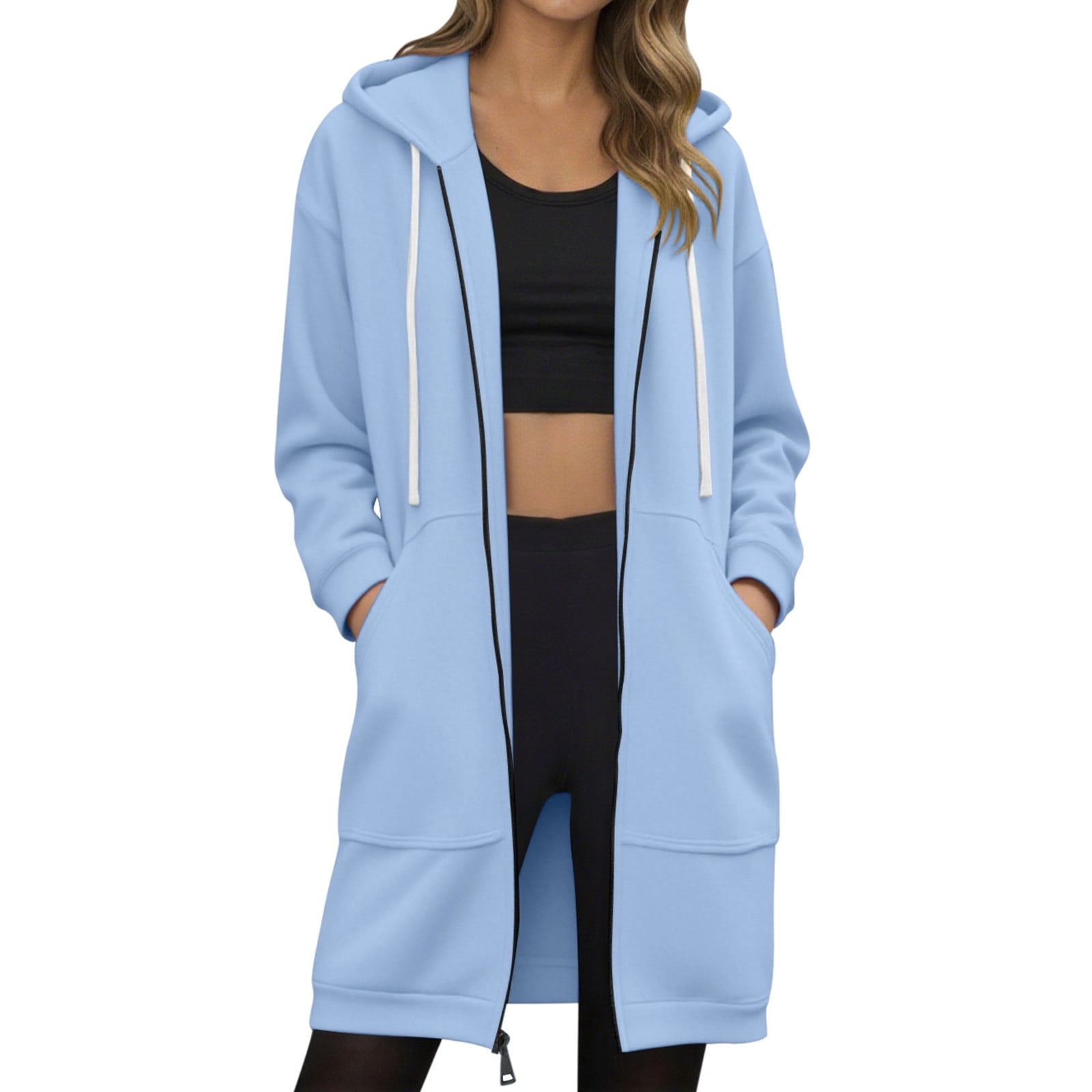 Long Zip Up Hoodie Sweatshirt Women Double Zipper Fleece Jacket Tunic ...