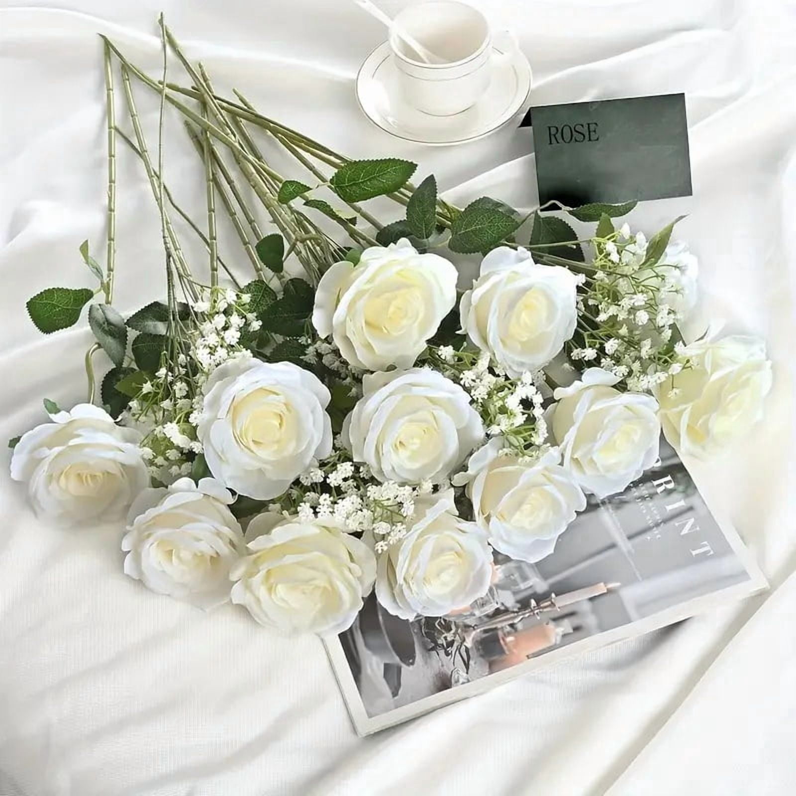 Long stem bridal bouquet with 15 stems (10 artificial white roses and 5 ...