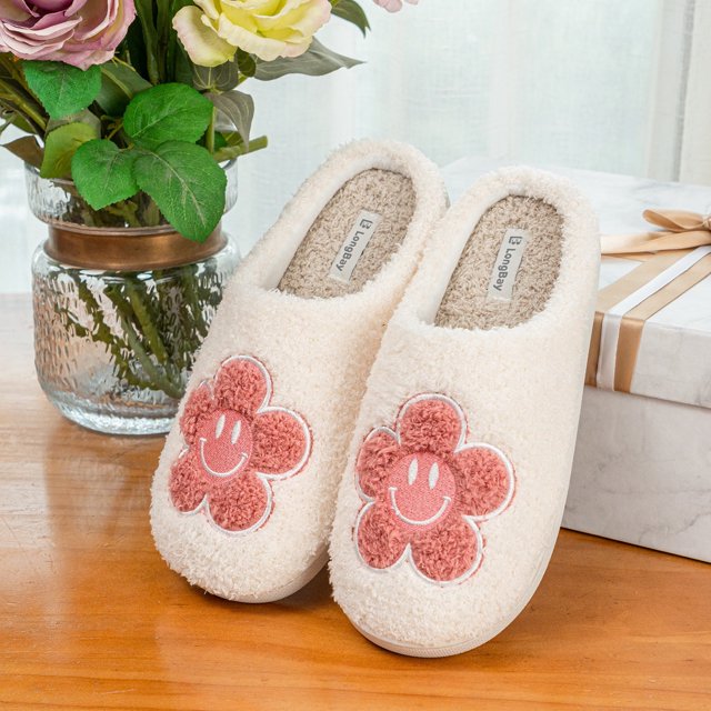 LongBay Cozy Fuzzy Smiley Face Slippers for Women Soft Plush Warm and Comfy Indoor Footwear with ...