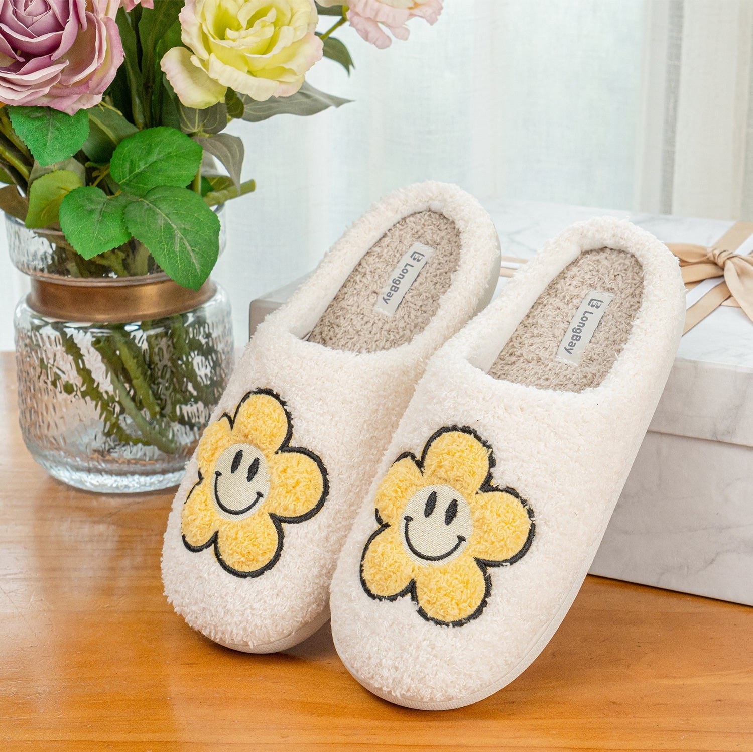 LongBay Cozy Fuzzy Smiley Face Slippers for Women Soft Plush Warm and ...