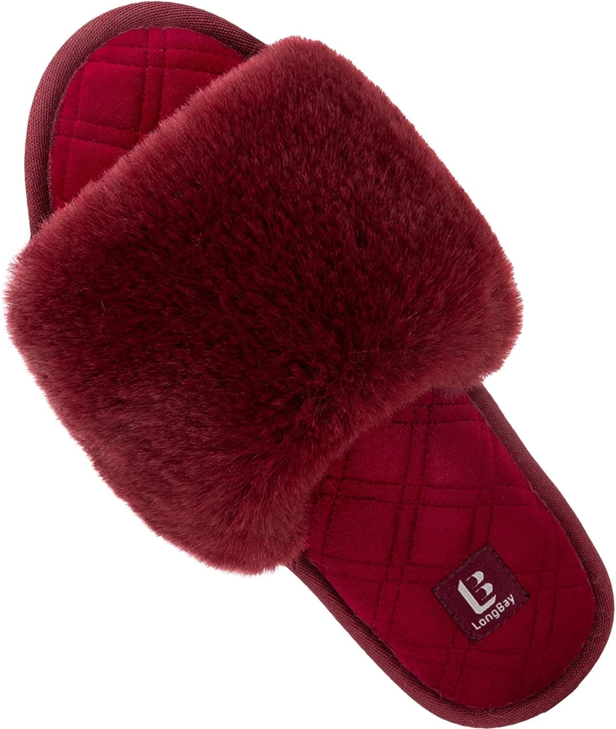 LongBay Women's Fuzzy Faux Fur Memory Foam Cozy Flat Spa Slide Slippers ...
