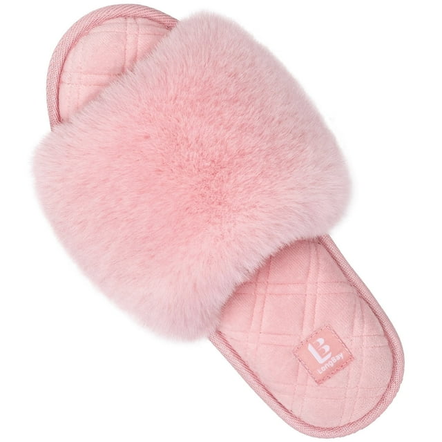 LongBay Women's Fuzzy Faux Fur Memory Foam Cozy Flat Spa Slide Slippers ...