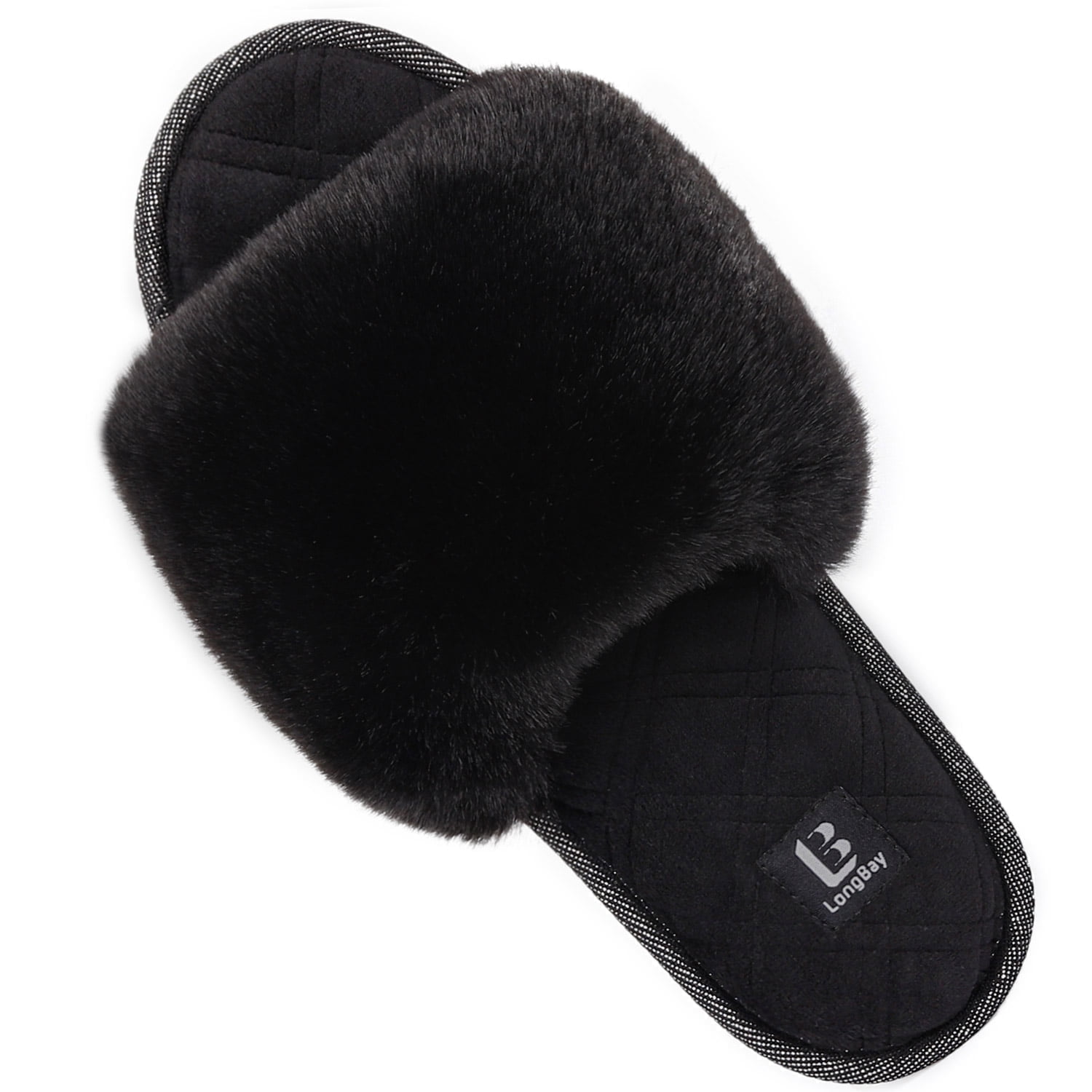 LongBay Women's Fuzzy Faux Fur Memory Foam Cozy Flat Spa Slide Slippers Comfy Open Toe Slip On ...
