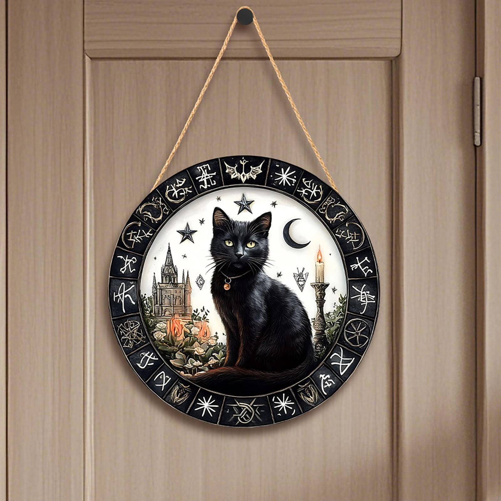 LongLiYi Brooms Witch and Black Cats Wooden Pendant Doorplate Welcome ...