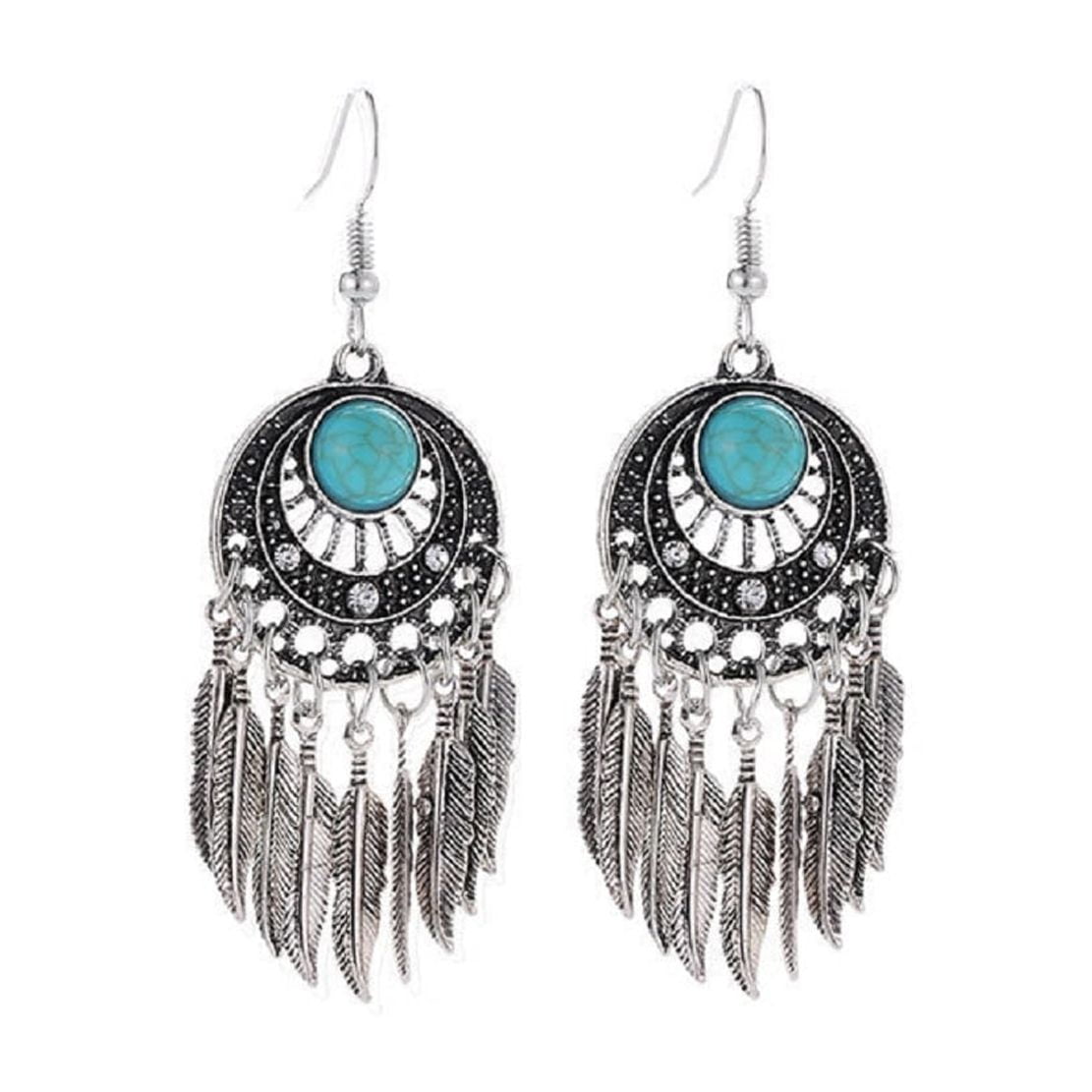LongcreekX Feather Earrings for Women, Boho Turquoise Feather Tassel Earrings, Crescent Moon ...
