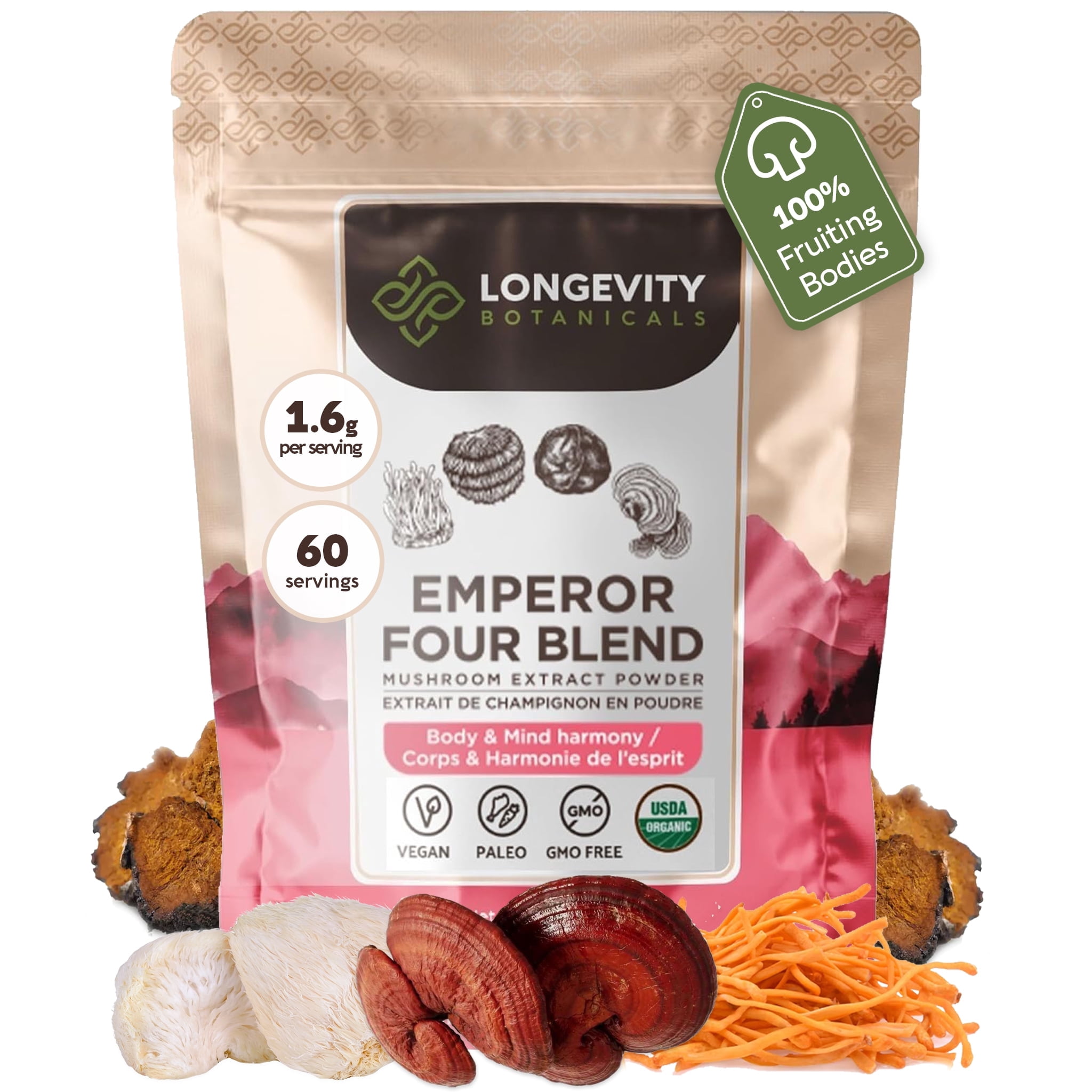 Longevity Botanicals Organic Emperor's 4 Blend Mushroom Supplement ...