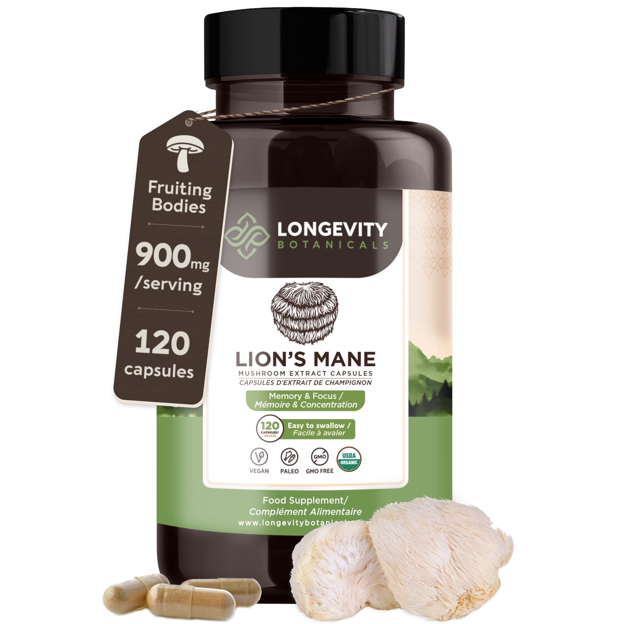Longevity Botanicals Organic Lion’s Mane Mushroom Supplement Capsules ...