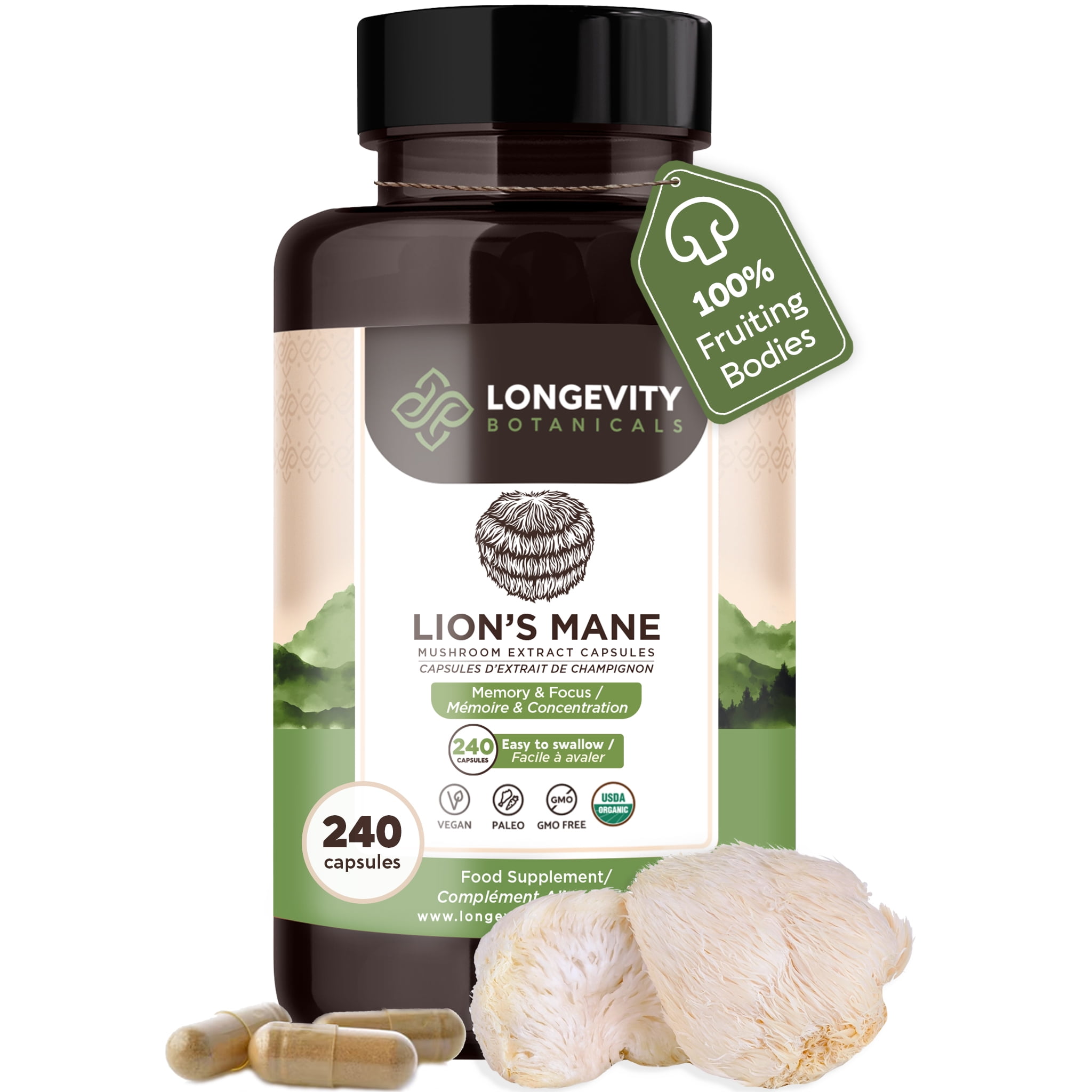 Longevity Botanicals Organic Lion’s Mane Mushroom Supplement Capsules ...