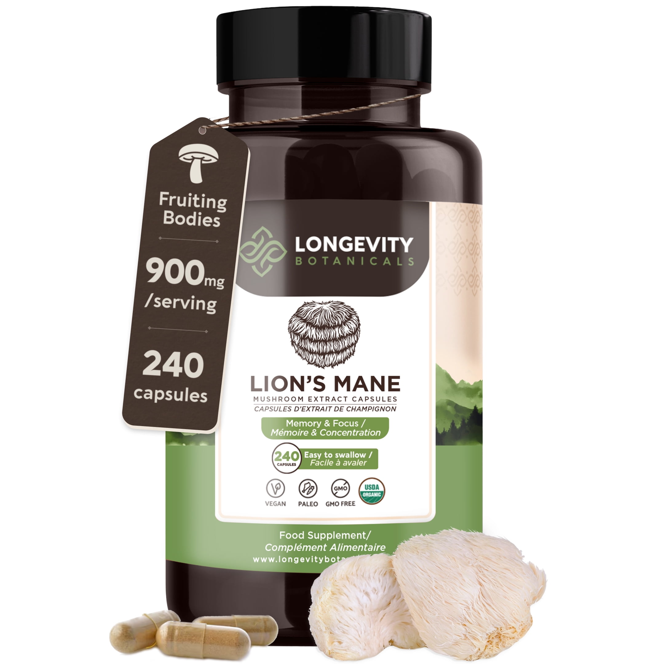 Longevity Botanicals Organic Lion’s Mane Mushroom Supplement Capsules ...