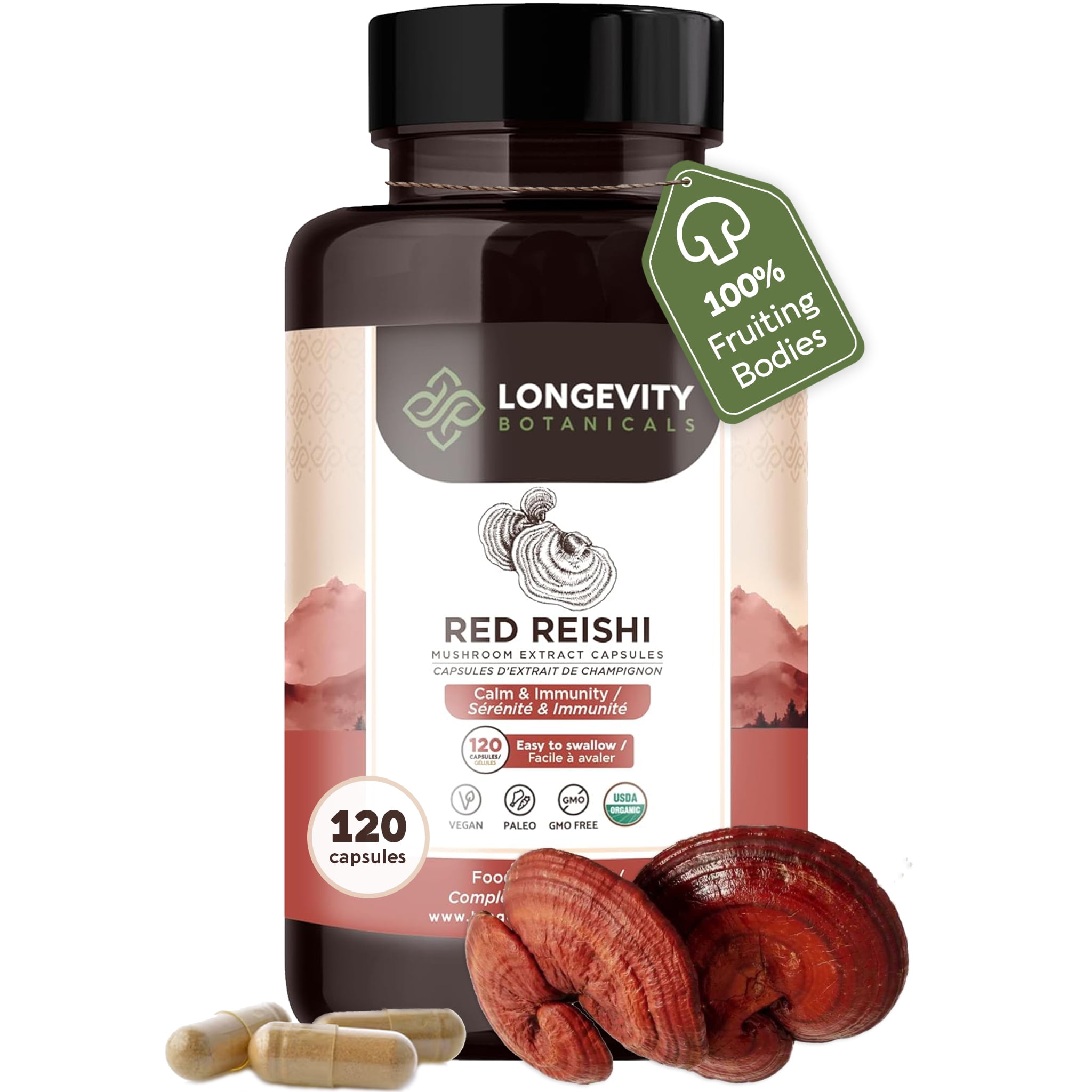 Longevity Botanicals Organic Red Reishi Mushroom Supplement Capsules ...