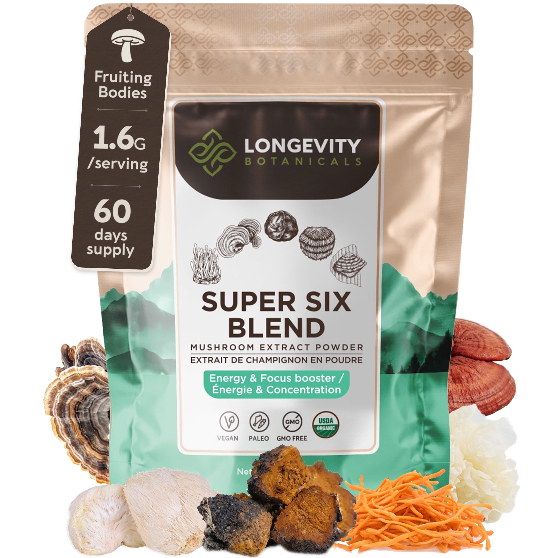 Longevity Botanicals Organic Super 6 Blend Mushroom Extract, Immune ...