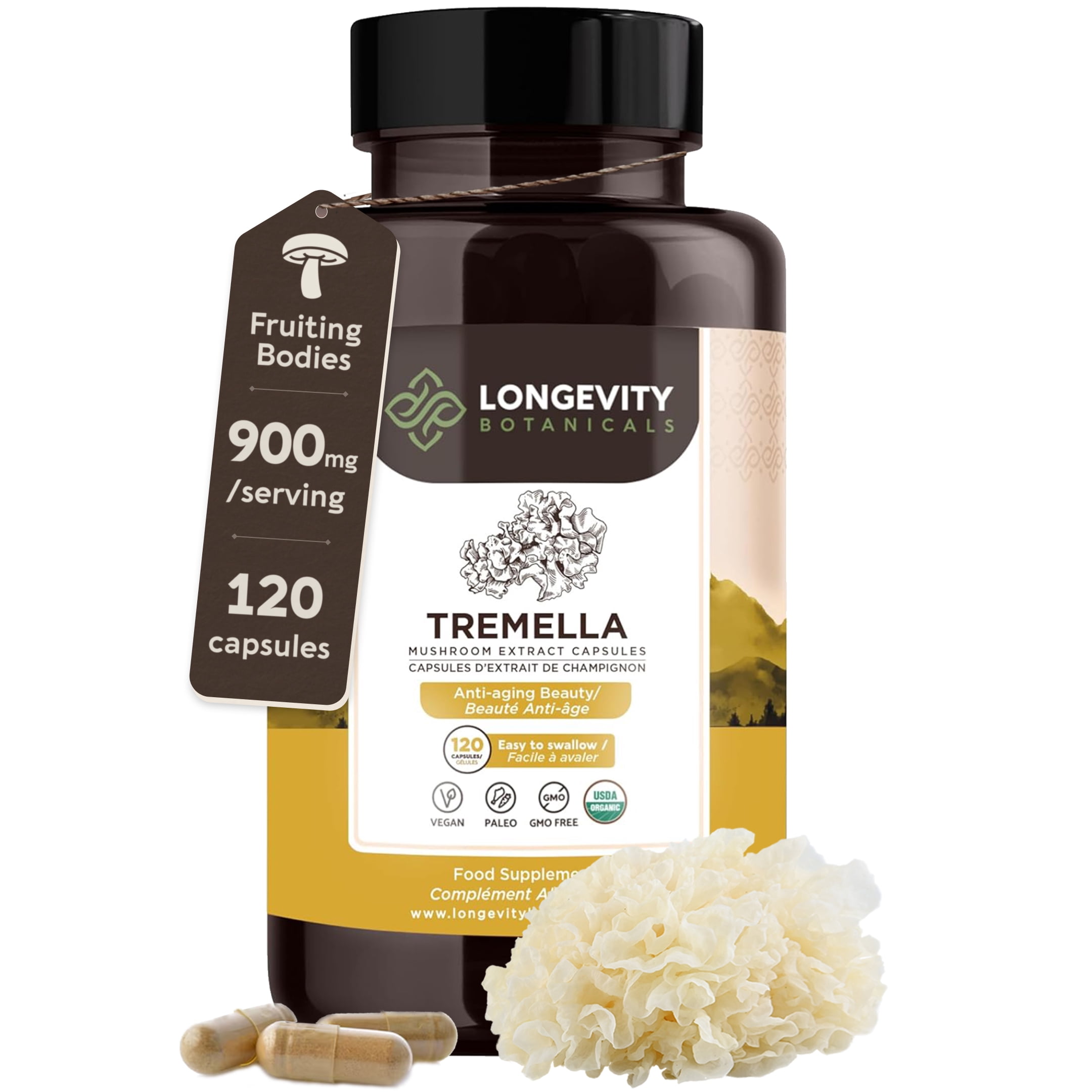 Longevity Botanicals Organic Tremella Mushroom Supplement Capsules (120 ...
