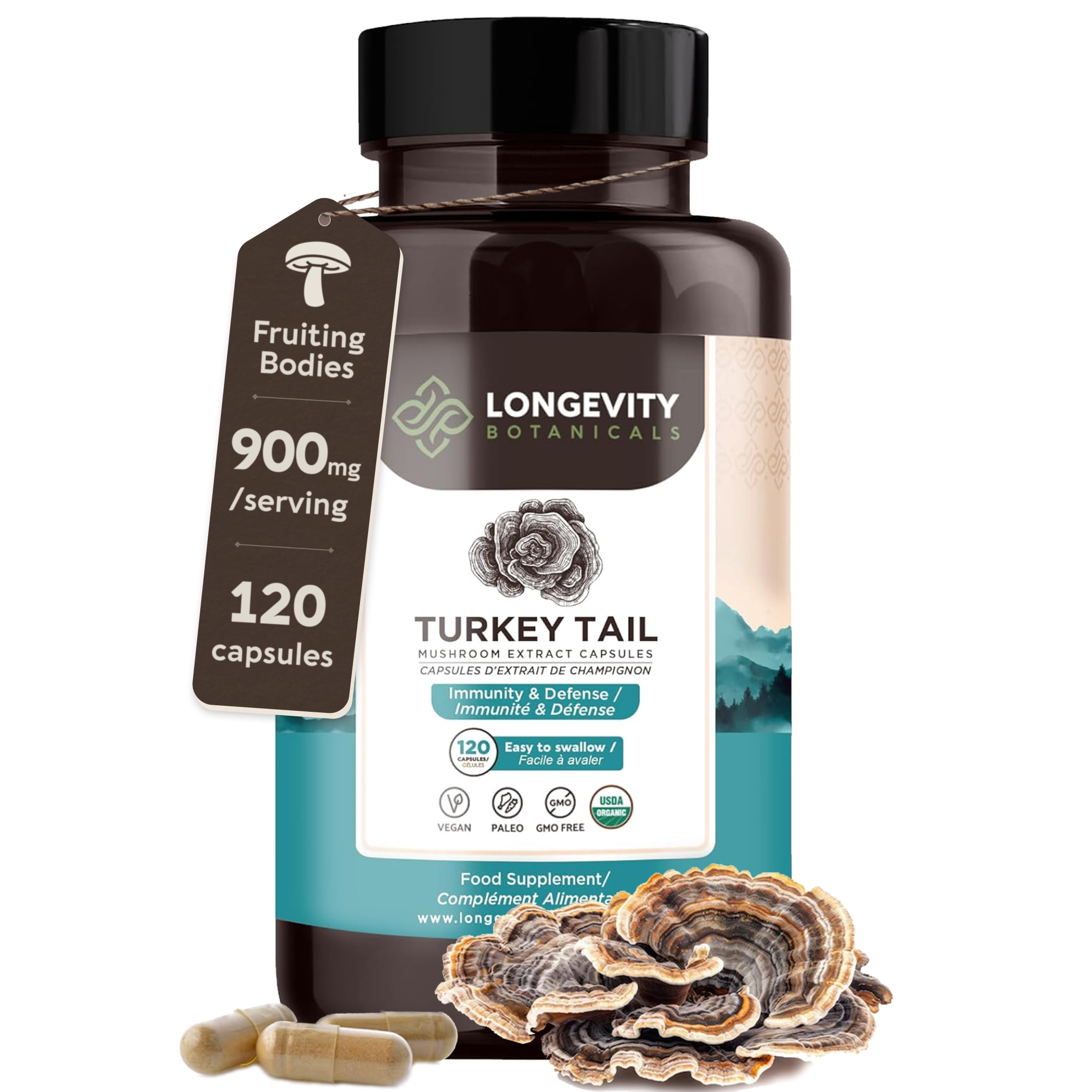 Longevity Botanicals Organic Turkey Tail Mushroom Supplement, 120 ...