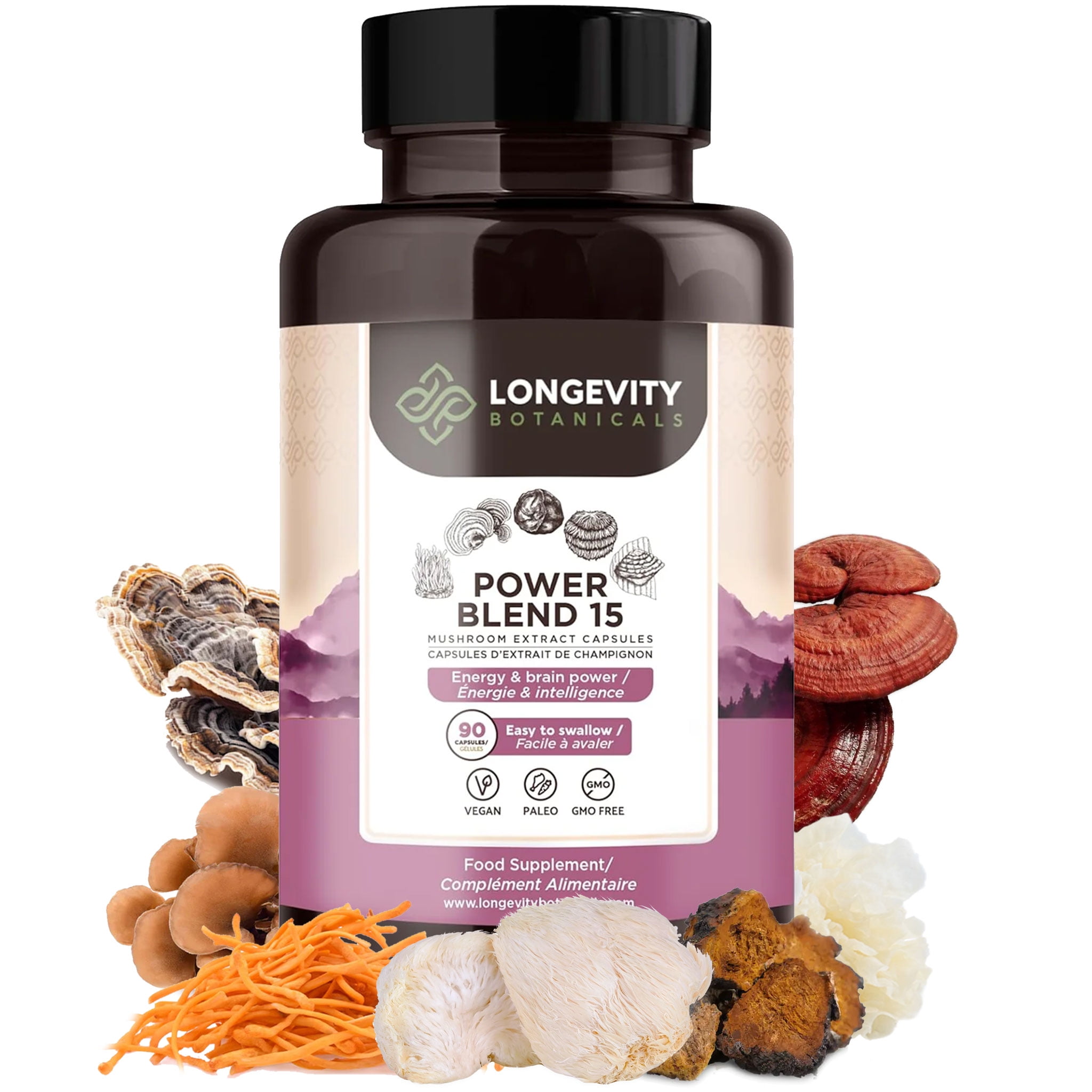 Longevity Botanicals Power 15 Blend Mushroom Supplement Capsules (90 ...
