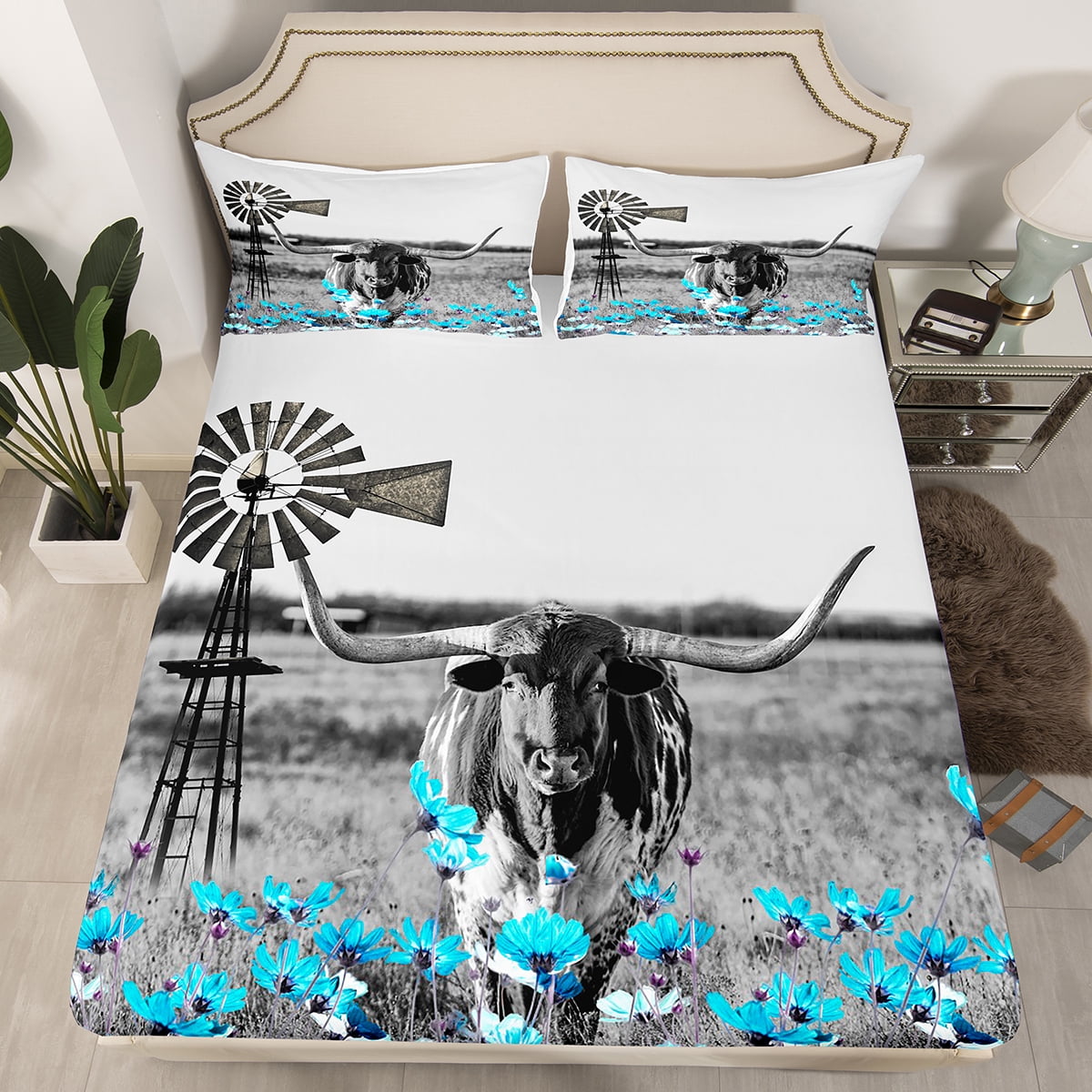 Longhorn Bull Bed Sheets Garden Windmill Decor Farmhouse Sheets Queen ...