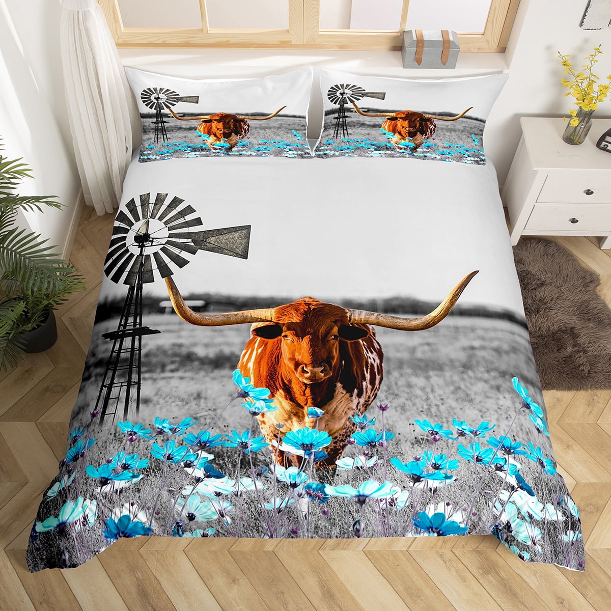 Longhorn Bull Bedding Set Garden Windmill Comforter Cover Full,Teal ...