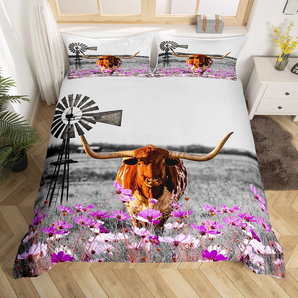 Longhorn Bull Bedding Set Garden Windmill Comforter Cover King,Purple ...