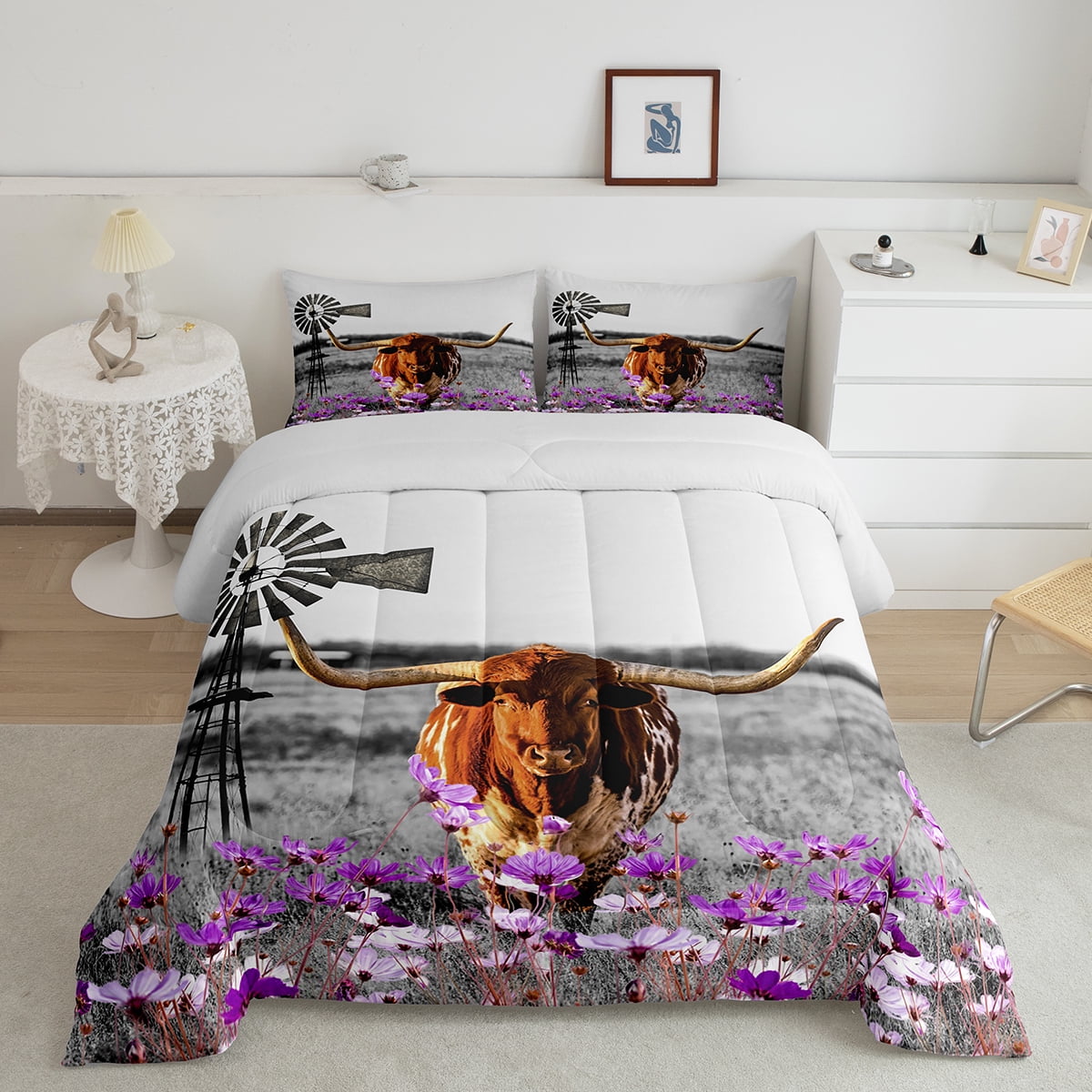 YST King Size Longhorn Bull Bedding Set, Purple Jungle Flowers ...