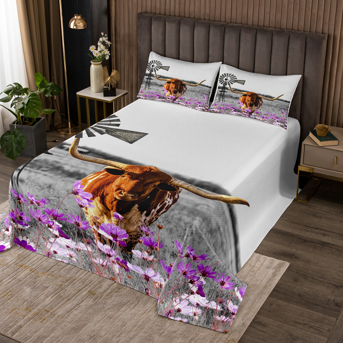 Longhorn Bull Bedspread Set Garden Windmill Coverlet Set King,Purple ...