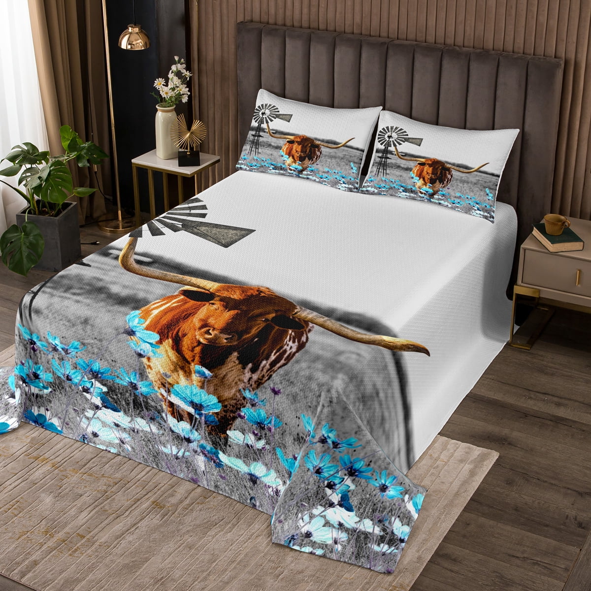 Longhorn Bull Bedspread Set Garden Windmill Decor Farmhouse Coverlet ...