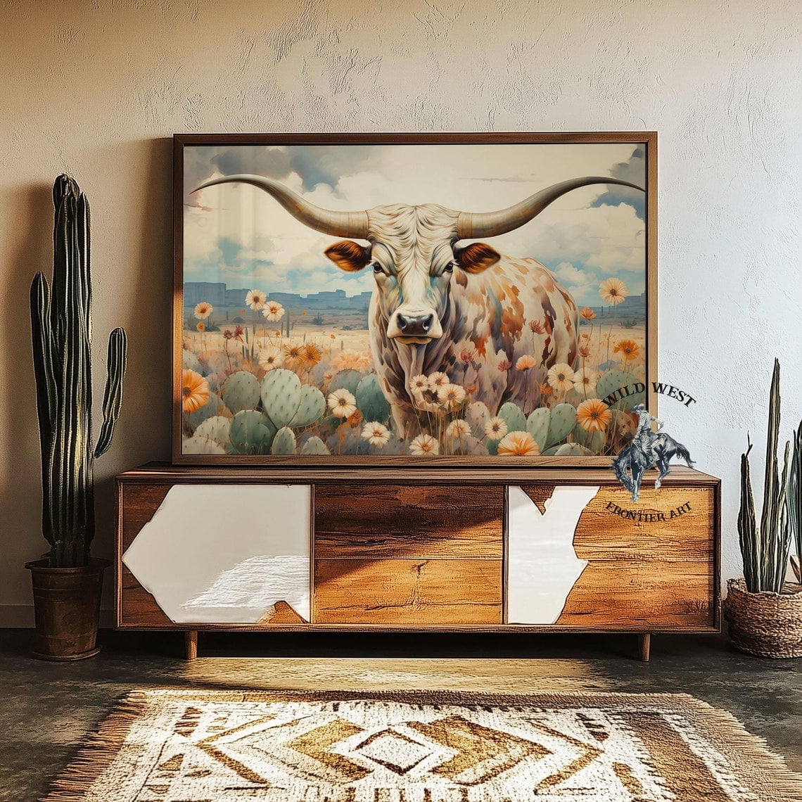 Longhorn Bull Cactus Floral Print, Western Cowboy Art, Texas Rodeo ...
