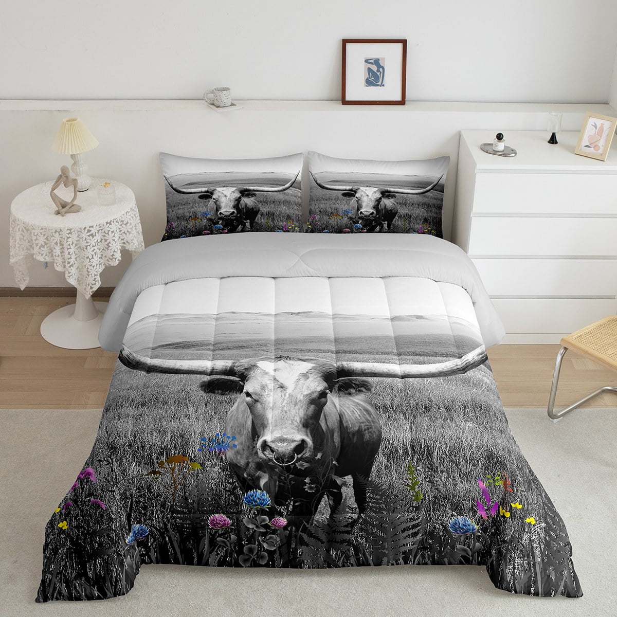 Longhorn Bull Comforter Set Highland Cow Cattle Bedding Set King,Western Animals Quilt Farm ...
