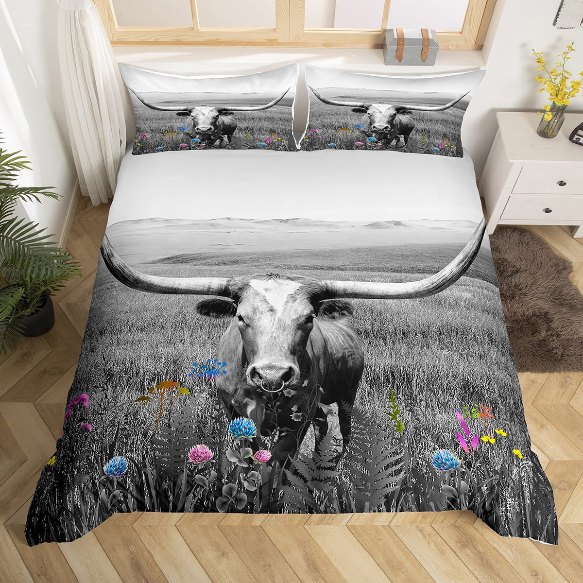 Longhorn Bull Duvet Cover Highland Cow Cattle Bedding Set Queen,Western Animals Comforter Cover ...