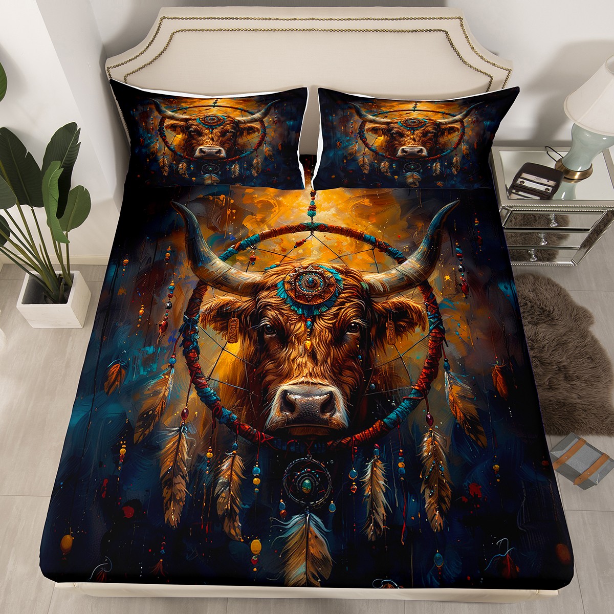 Longhorn Bull Fitted Sheet Dream Catcher Bed Sheets Twin,Boho Feather ...