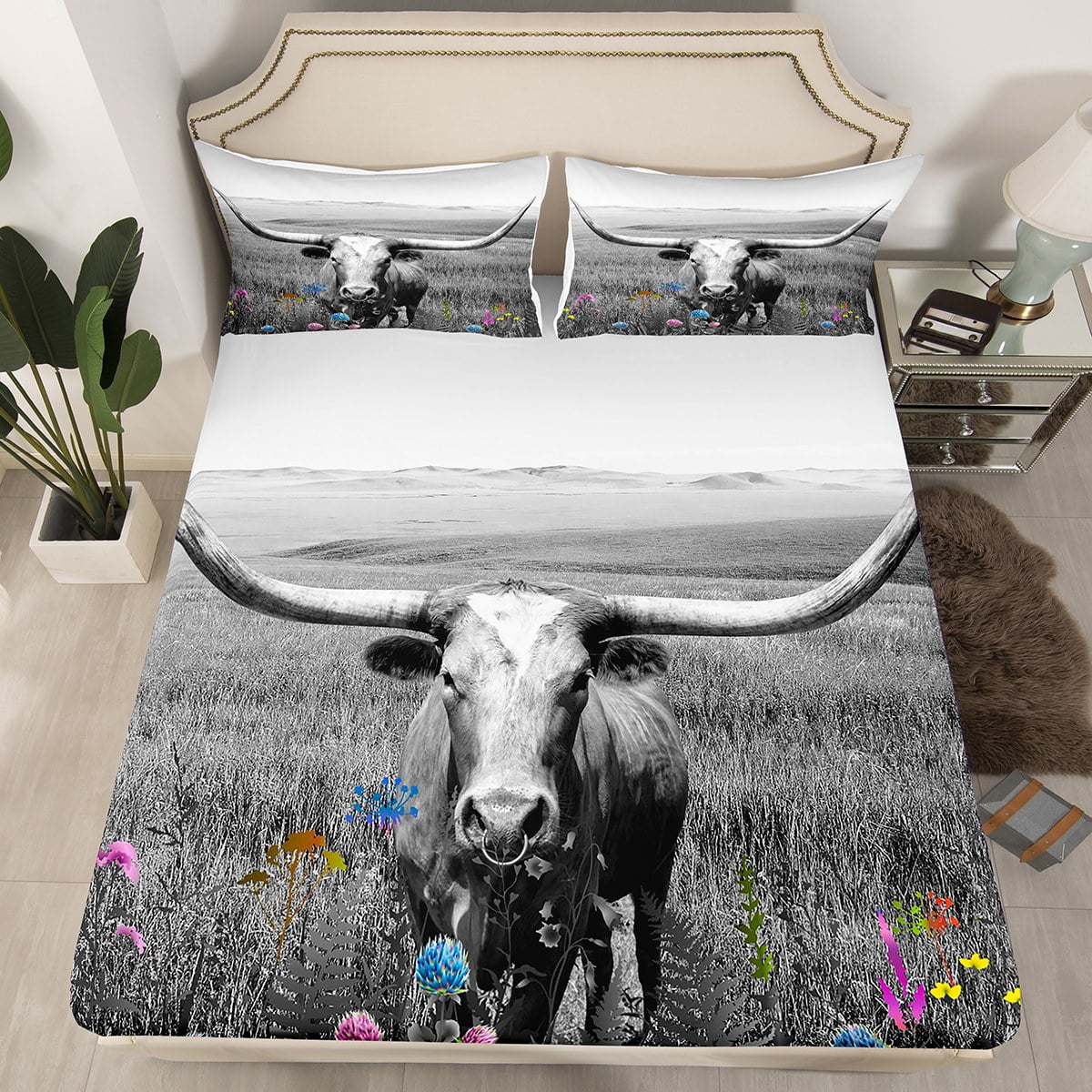 Longhorn Bull Fitted Sheet Highland Cow Cattle Bed Sheets Full,Western ...