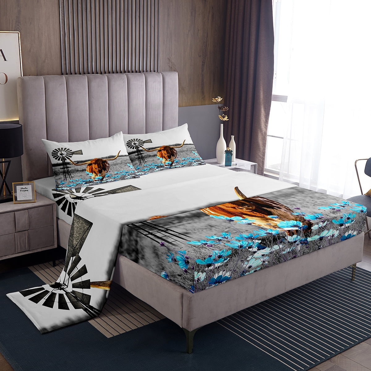 Longhorn Bull Sheet Set Garden Windmill Decor Farmhouse Sheets Twin ...