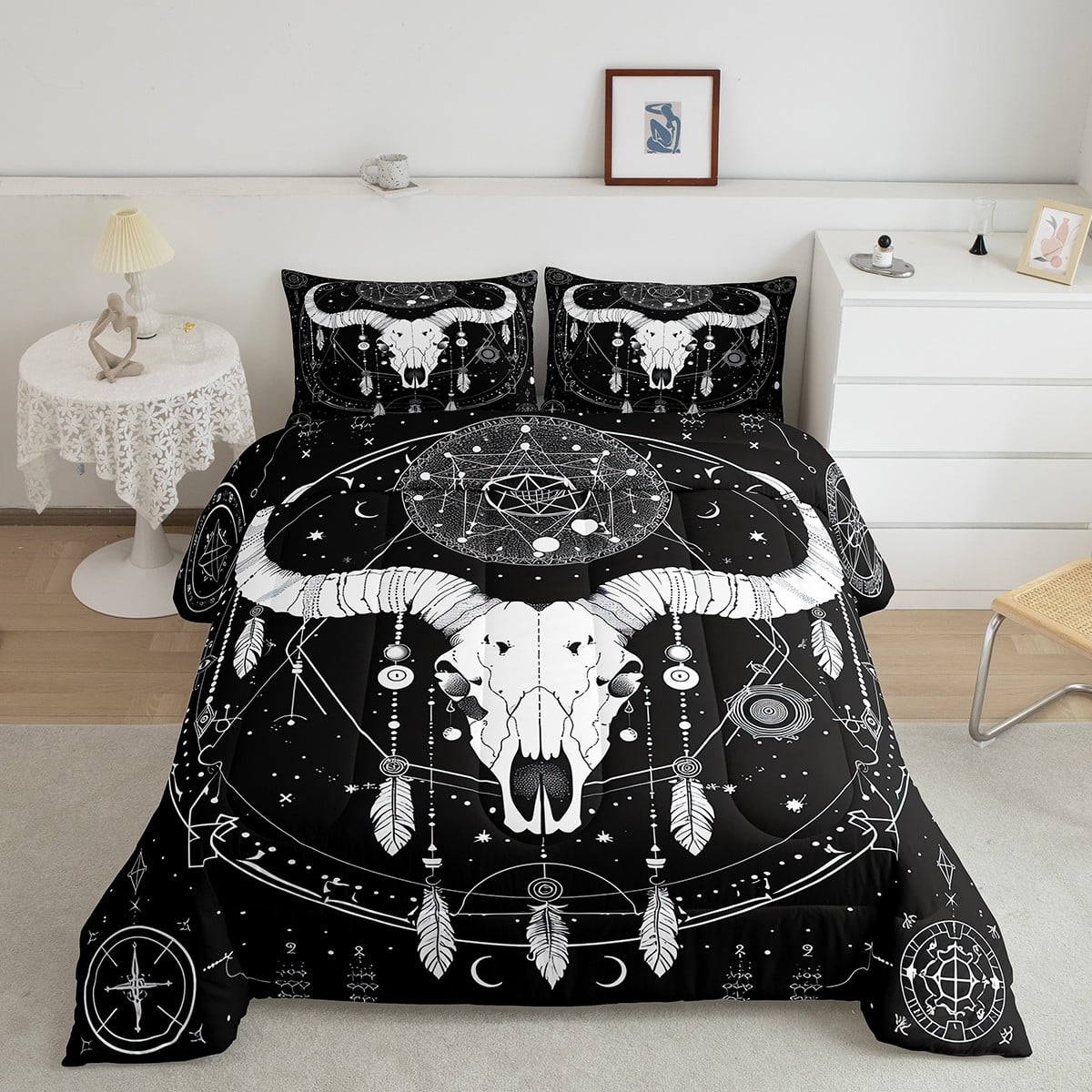 Longhorn Bull Skull Comforter Set Exotic Feather King Bedding Set ...