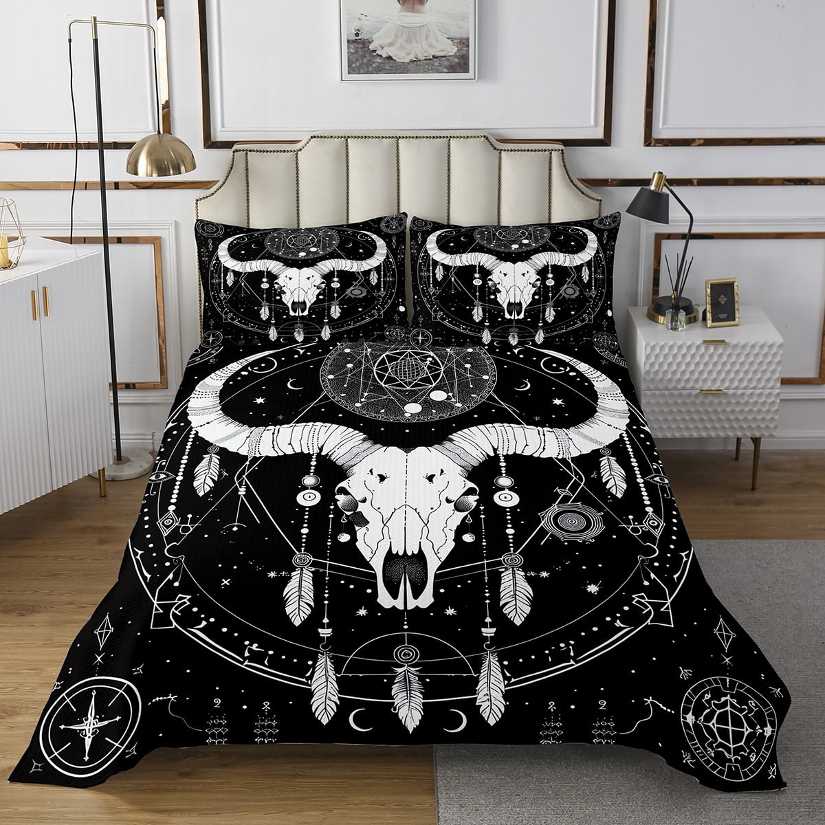 Longhorn Bull Skull Quilt Set Exotic Feather Bedspread Set Twin ...