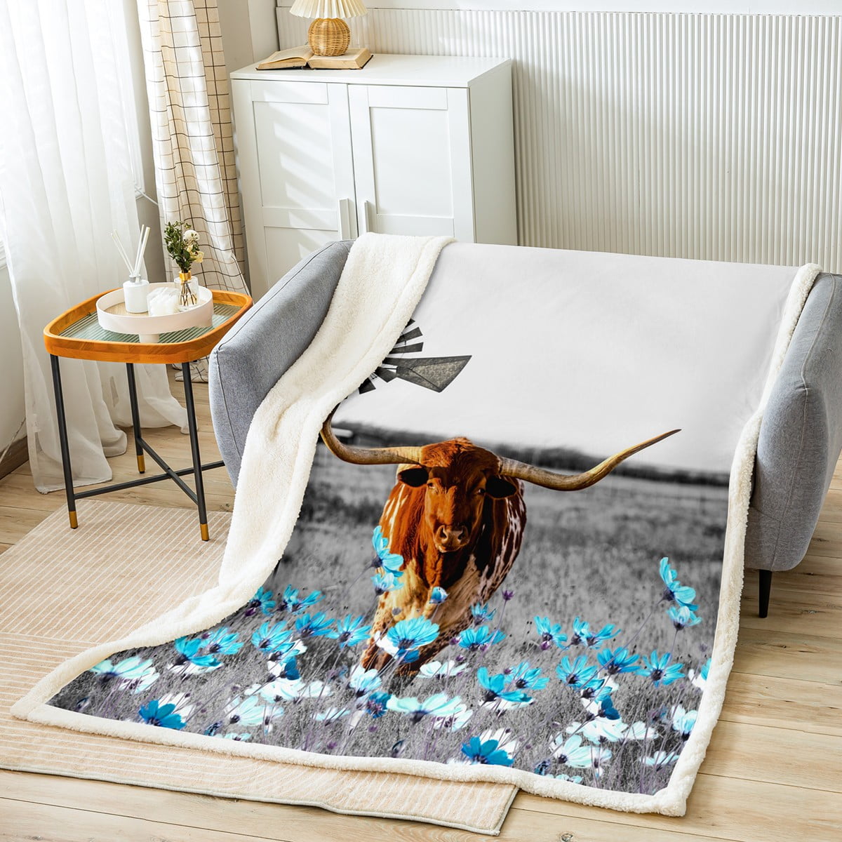 Longhorn Bull Throw Blanket Garden Windmill Fleece Blanket 40"x50",Teal ...