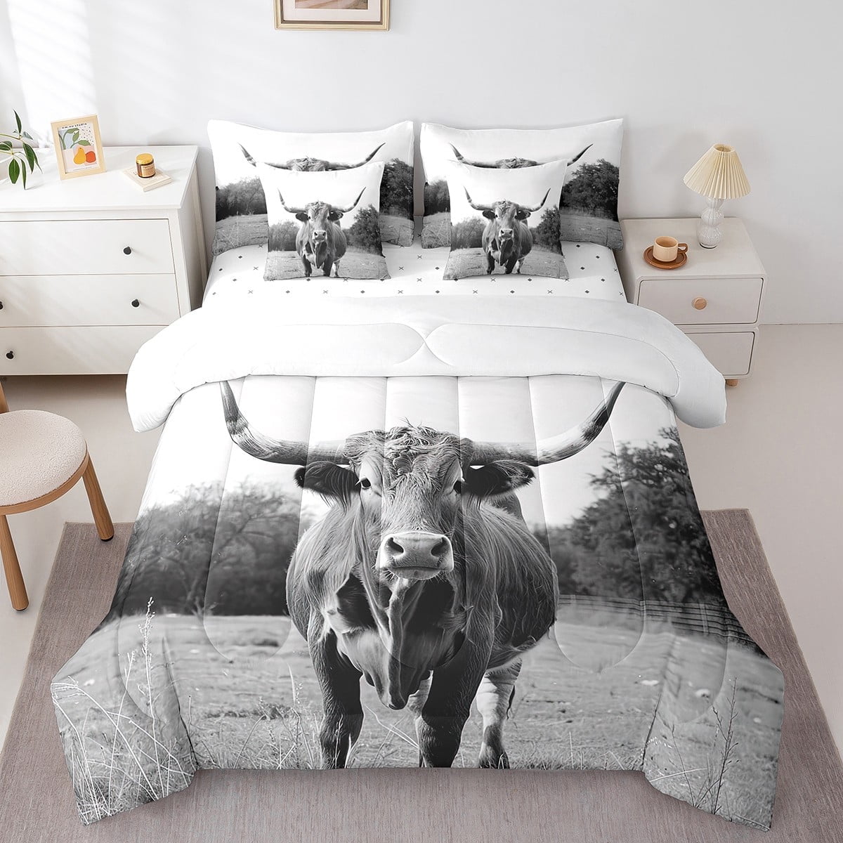Longhorn Cow Bed in a Bag King Size Comforter Set 7 Pieces,Western Farm ...