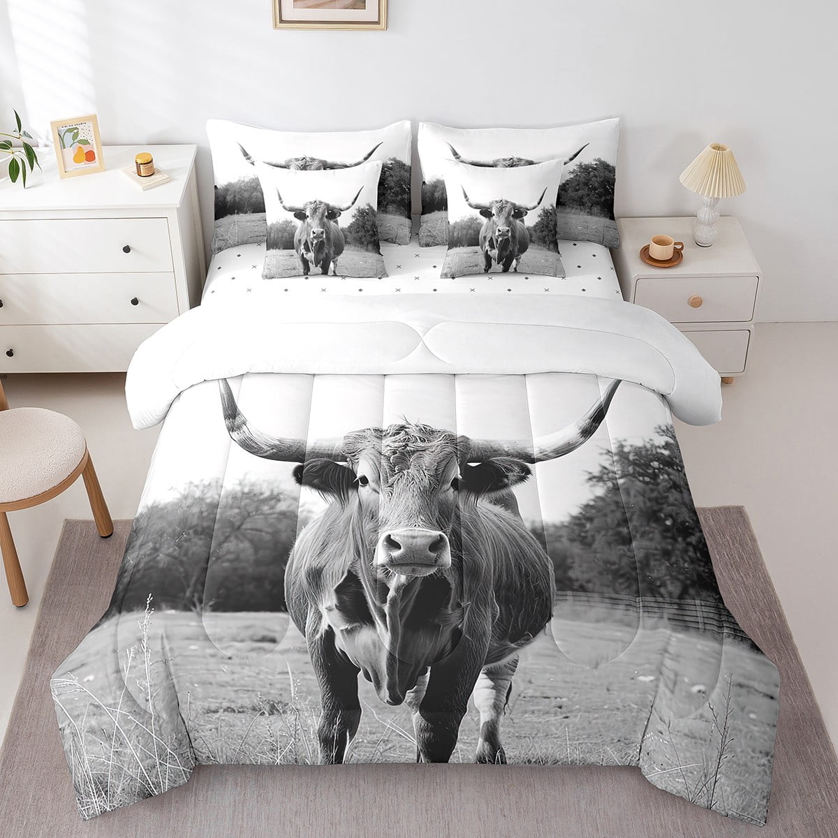 Longhorn Cow Bed in a Bag Queen Comforter Set 7 Piece,Western Farm Animals Black and White Grey ...